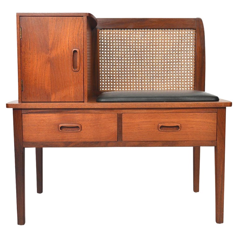 English Modern Telephone Bench in Teak + Wicker For Sale at 1stDibs