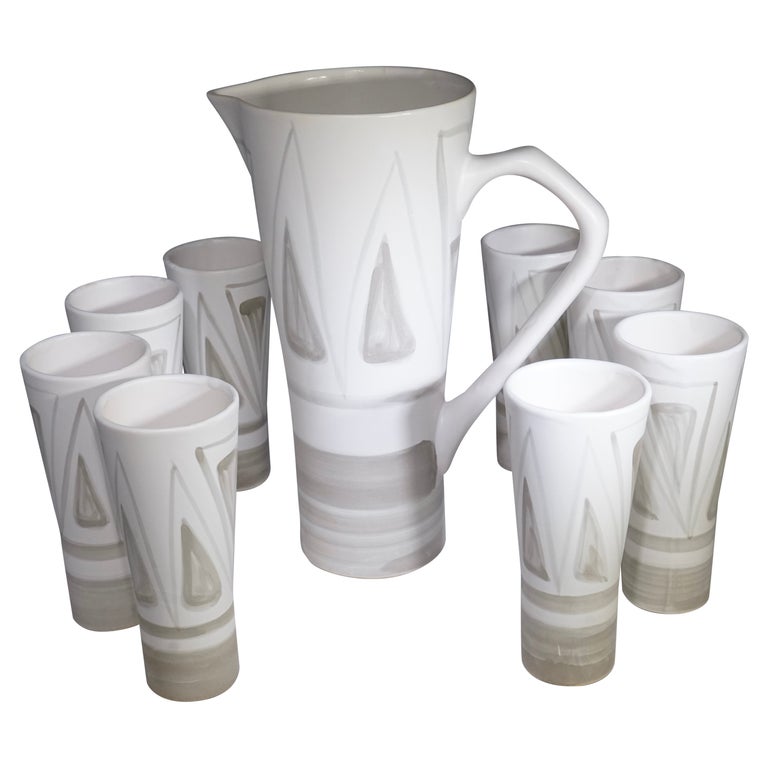 1960s French Ivory and Grey Pitcher with Eight Glasses For Sale at 1stDibs