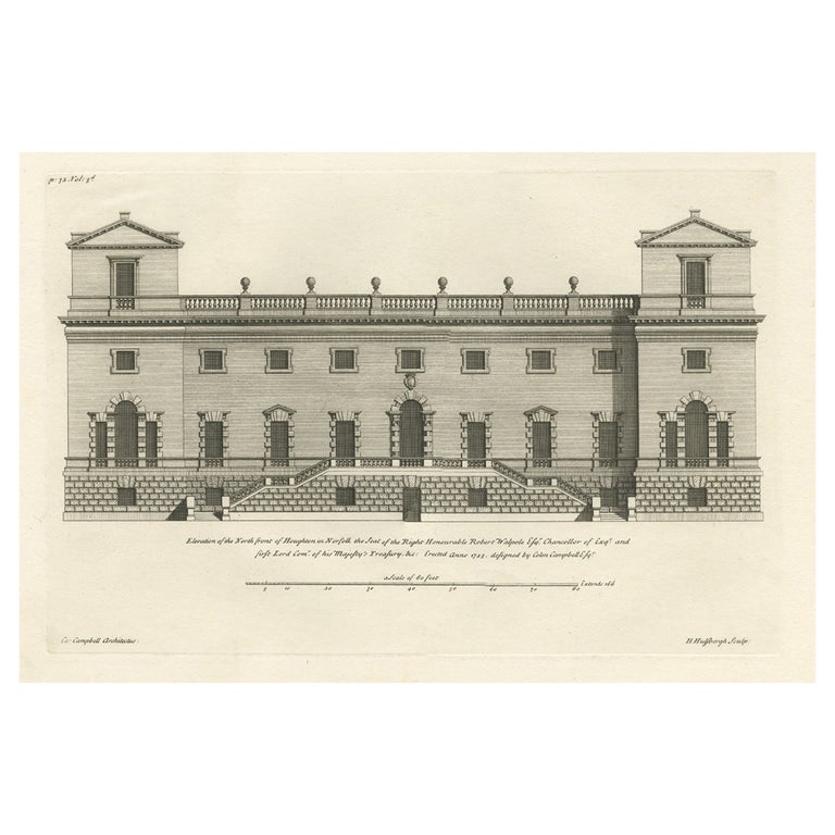 Antique Print of the North Front of Houghton Hall in Norfolk, England ...
