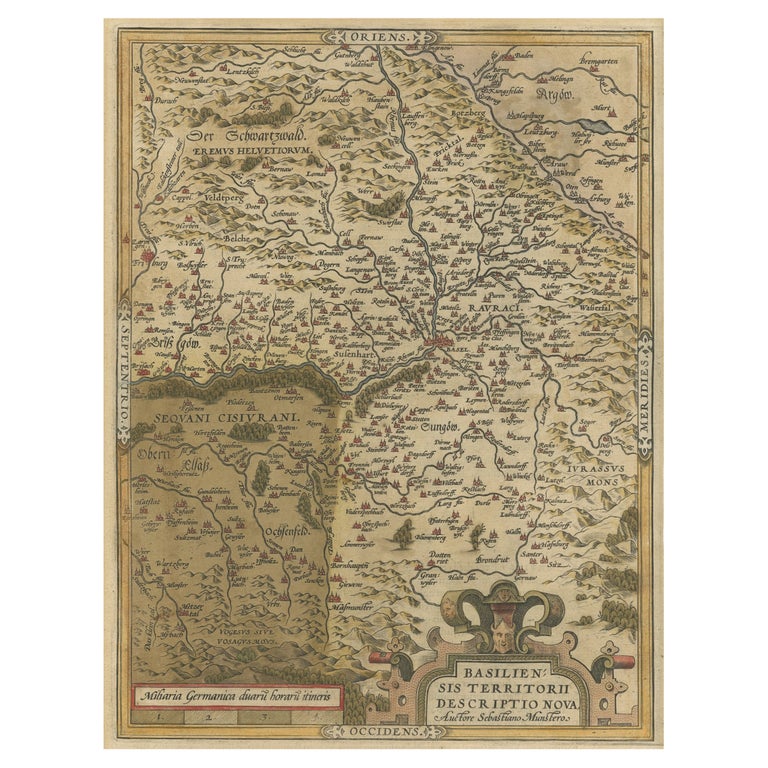 Very Old Original Hand-Colored Map of the Basel Region, Switzerland, Ca ...