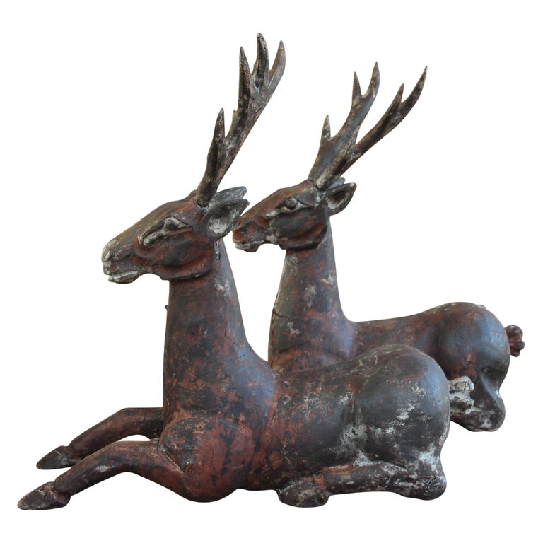 Antique Pair of Solid Wood Deer Statues at 1stDibs