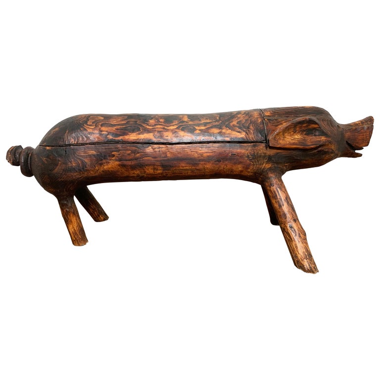 Carved Folk Art Pig Storage Chest Circa 1960s For Sale at 1stDibs