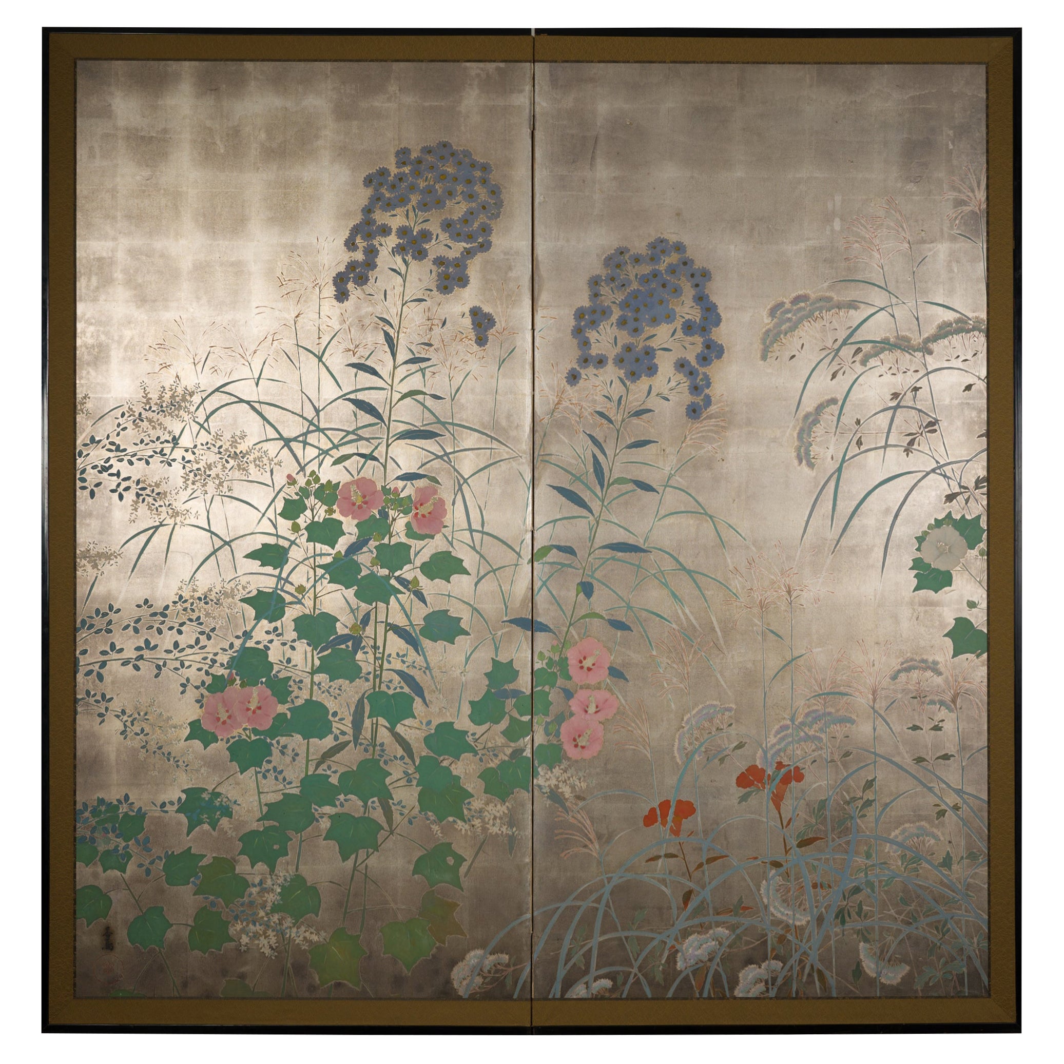 Japanese Two-Panel Screen, Autumn Flower and Moon on Silver For Sale at ...