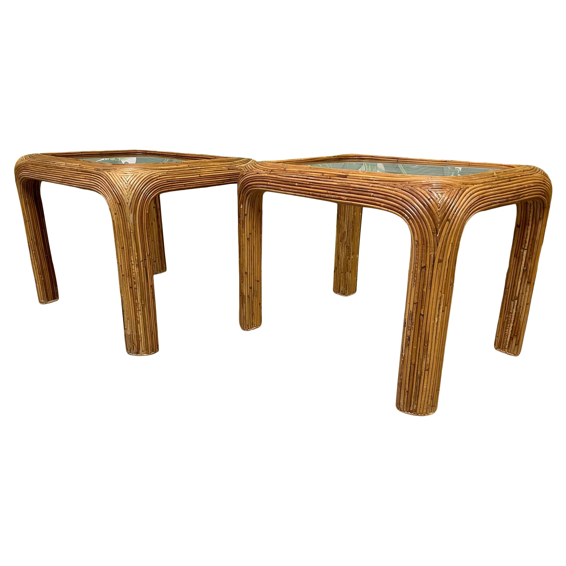 Pencil Reed Rattan and Glass End or Side Tables, a Pair For Sale at 1stDibs