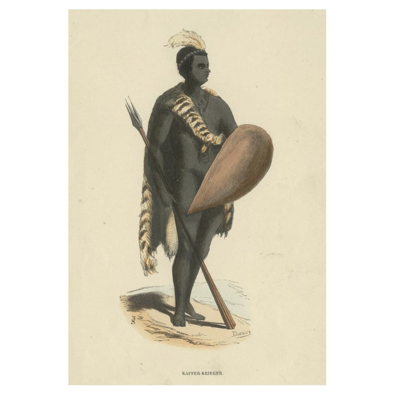Original Hand-Colored Antique Print of an African Warrior, ca.1845 For ...