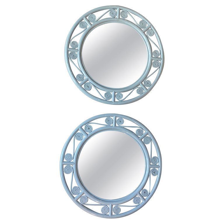 Vintage Pair of Wicker and Rattan Reed Lacquered Light Blue Round Wall ...