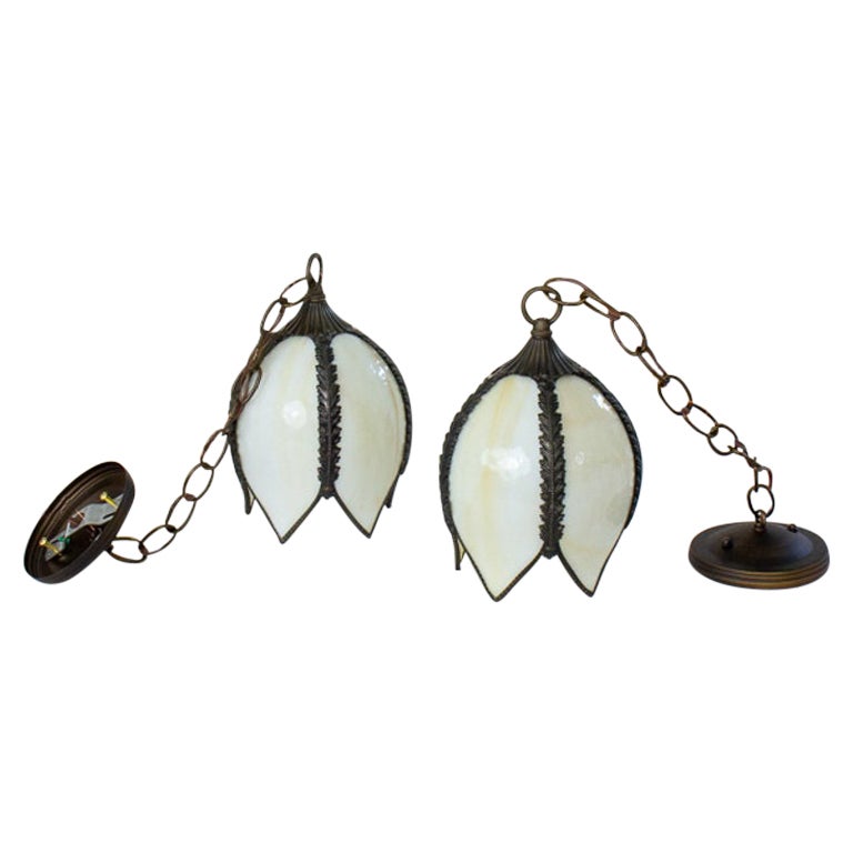 Pair of White Slag Glass Pendants For Sale at 1stDibs