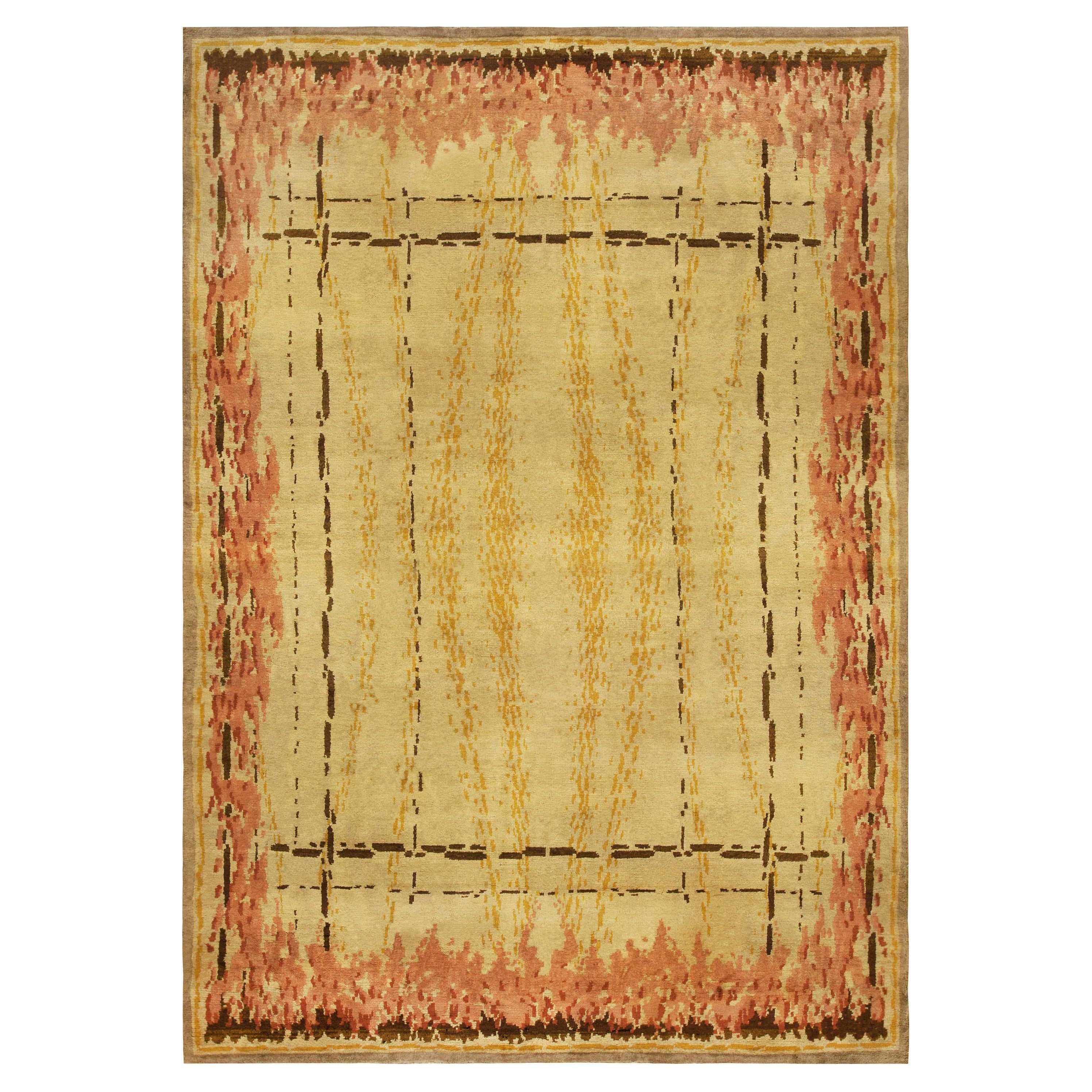 Antique French Cubist Art Deco Rug in Yellow, Tan and Dark Brown For ...