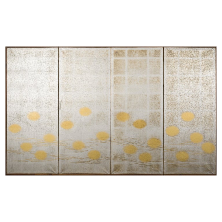 Japanese Four Panel Screen Abstract Lines and Orbs For Sale at 1stDibs