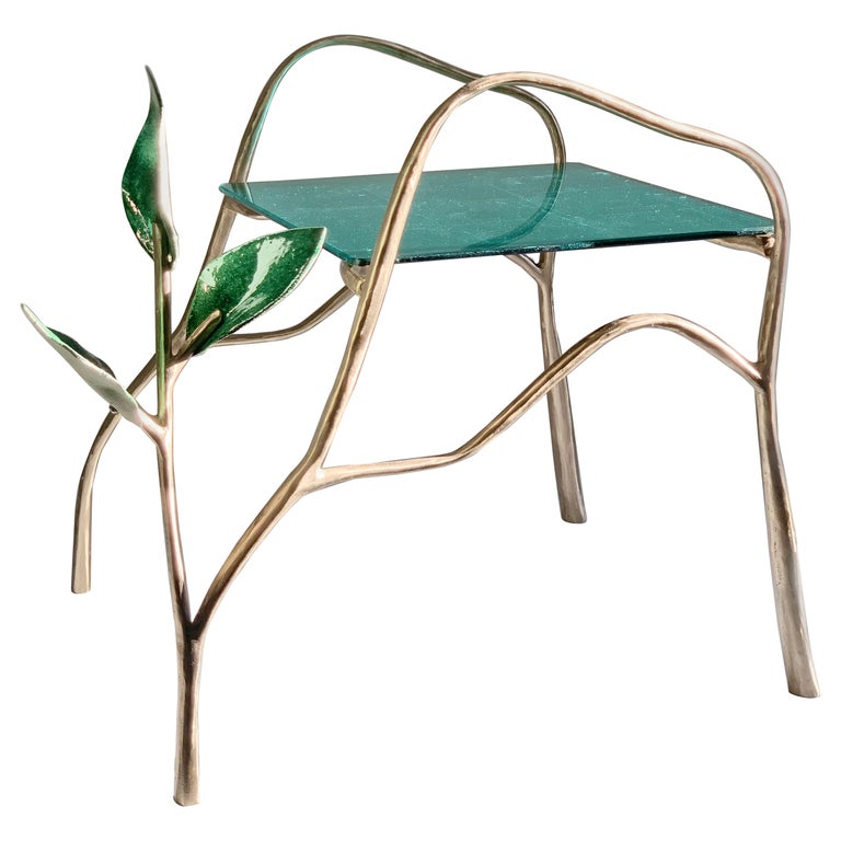 'Petal Table', Solid Bronze Side Table with Ceramic Leaves and Blue ...