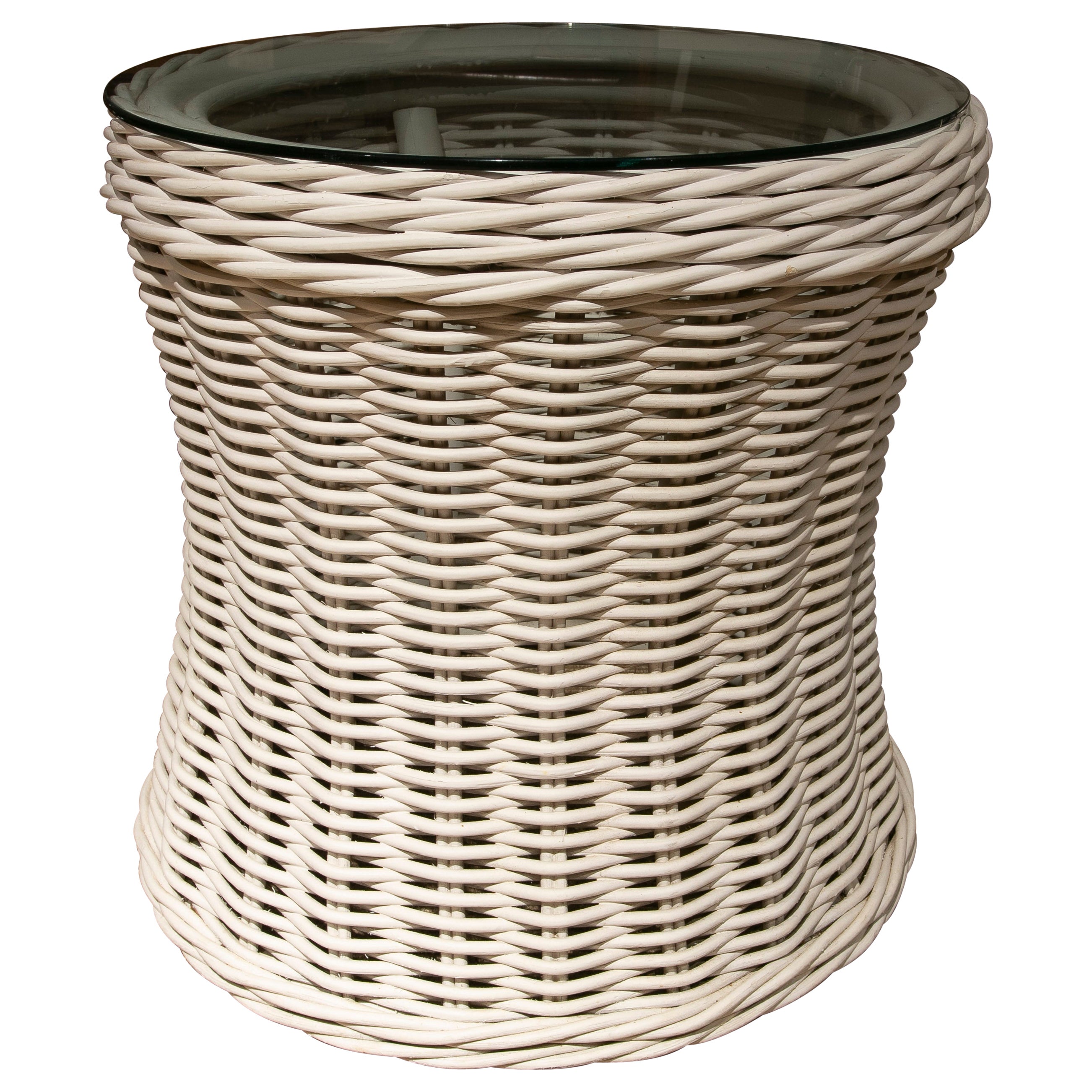 Pair of Glass Top Rattan and Woven Wicker Tables with Brass Details For ...