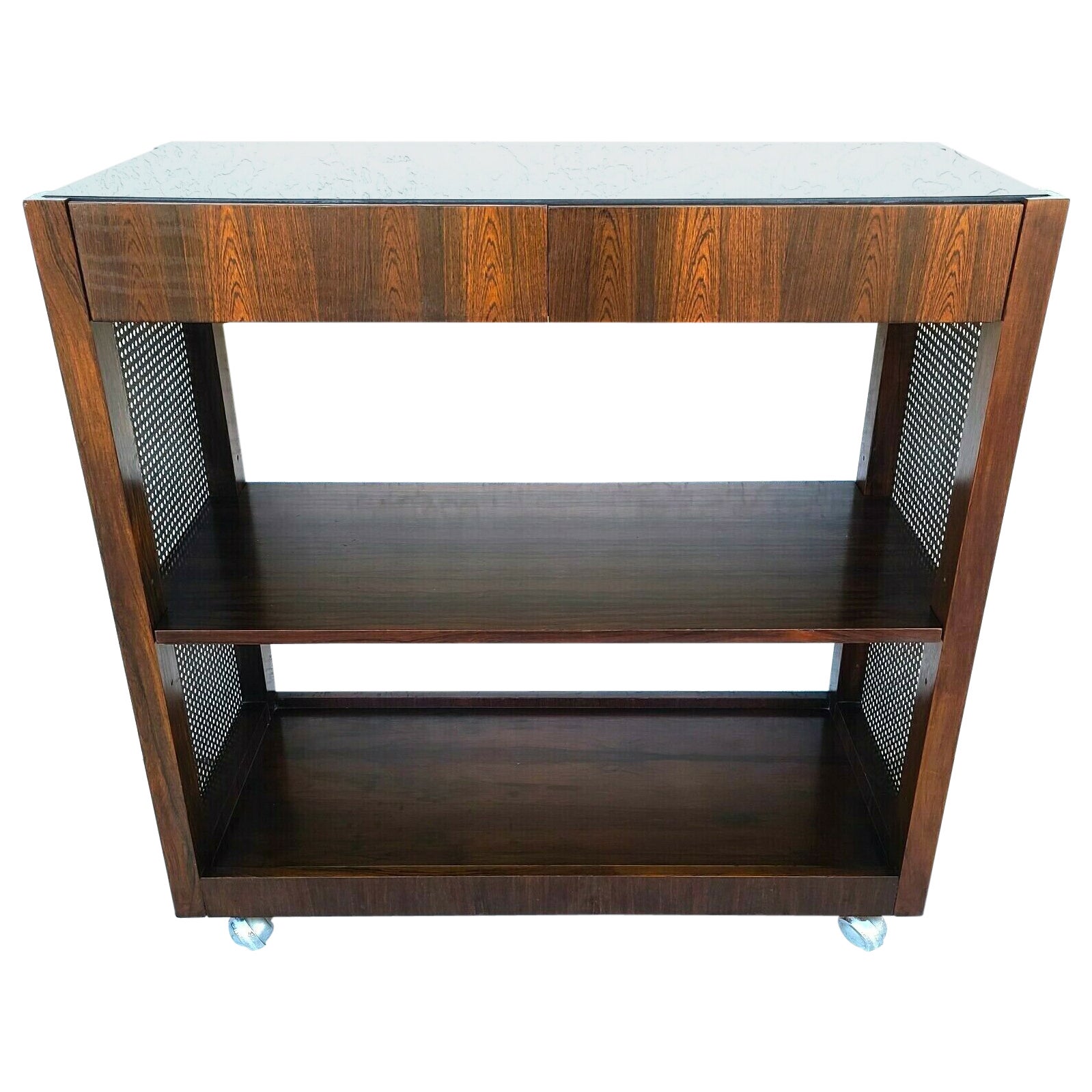 Vintage MCM Cane Walnut Smoked Mirror Rolling Bar Cart For Sale at 1stDibs