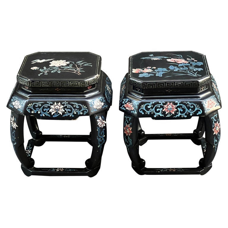Pair of Antique Chinese Black Lacquered Hand-Painted Tables, 1900s at ...