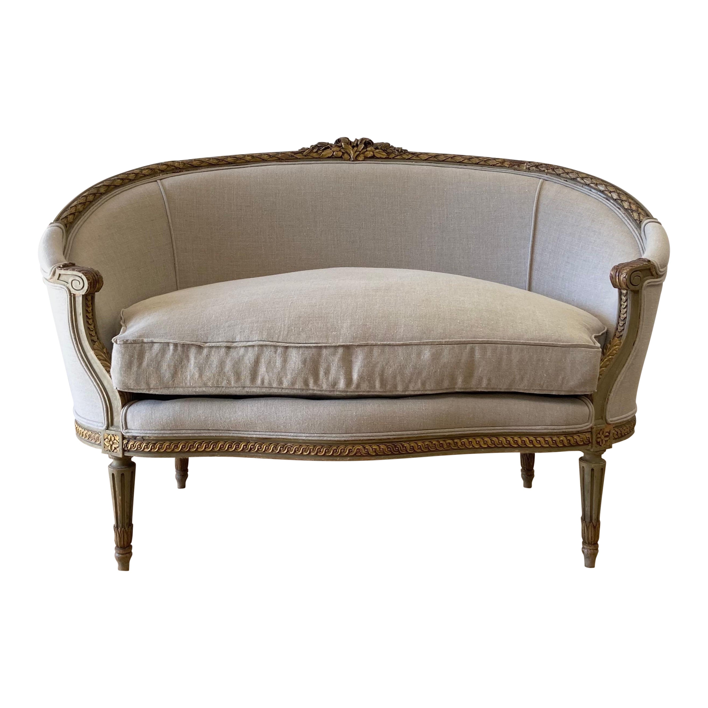 19th Century French Country Hand-Carved Settee in Linen at 1stDibs