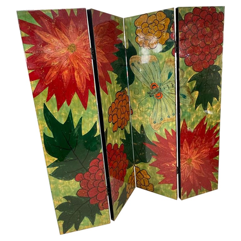 Spectacular Four Panel Hand-Painted Lacquer Screen For Sale at 1stDibs
