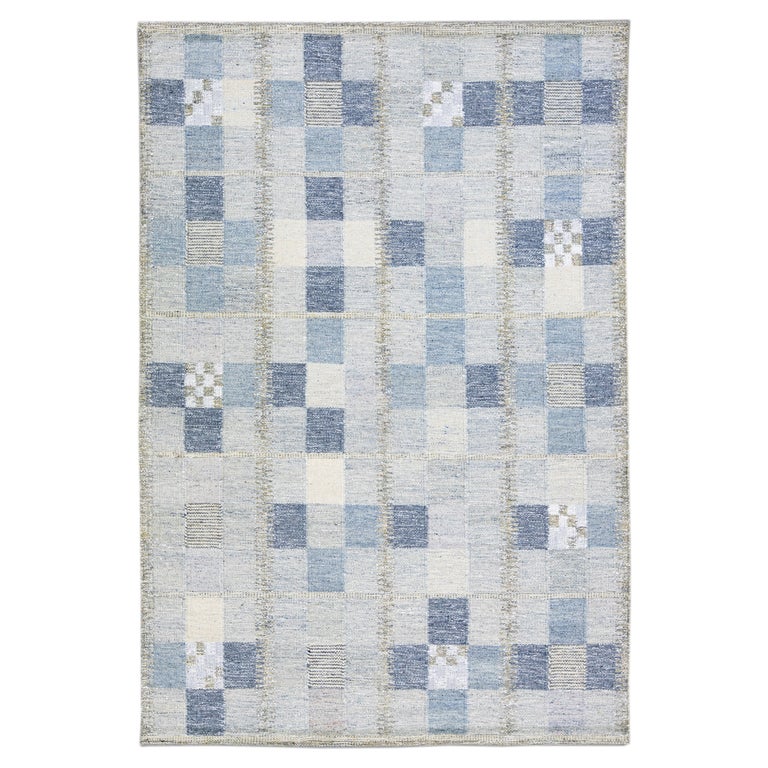 Modern Scandinavian Blue and Gray Handmade Geometric Room SizeWool Rug ...
