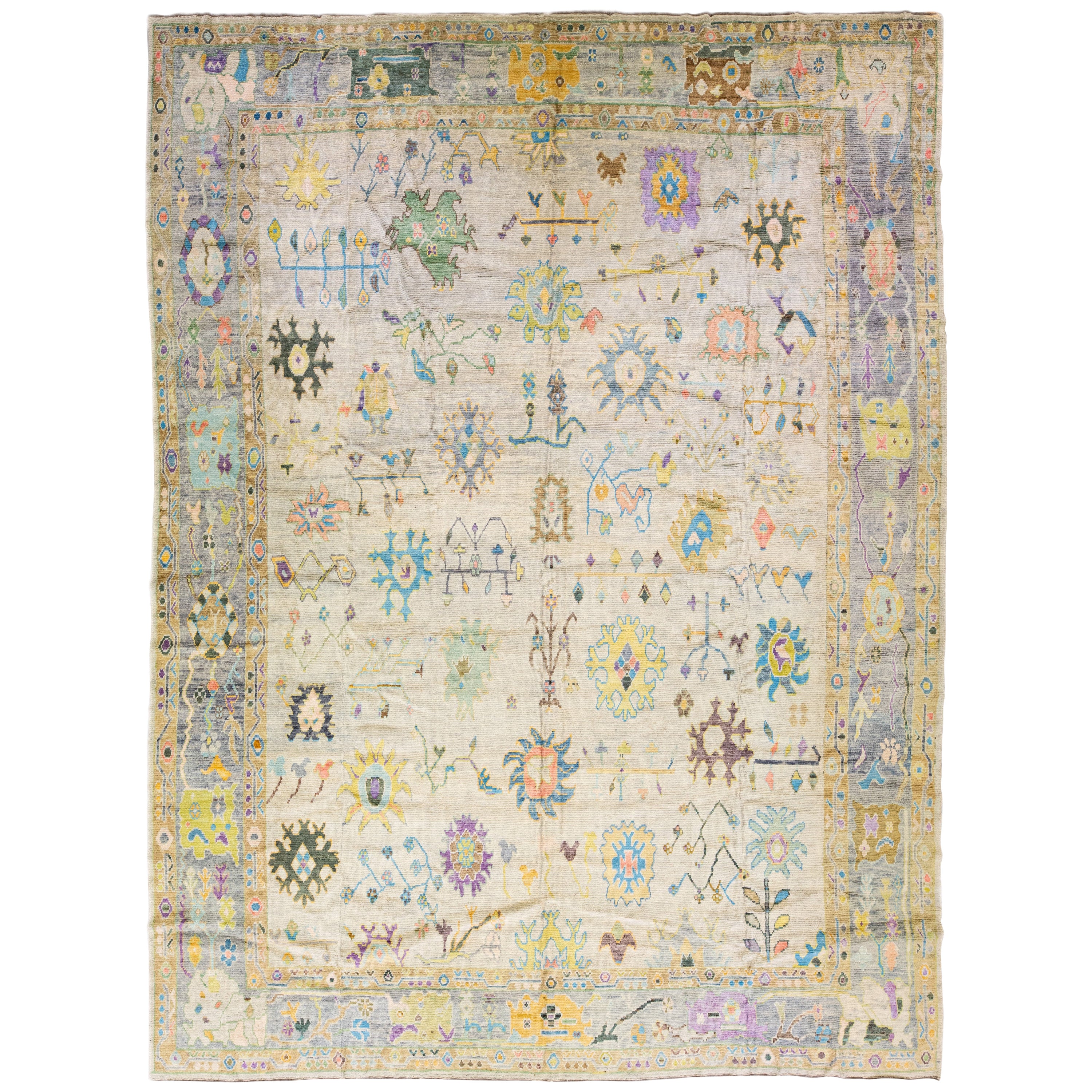 Modern Turkish Oushak Blue Handmade Floral Oversize Wool Rug For Sale ...