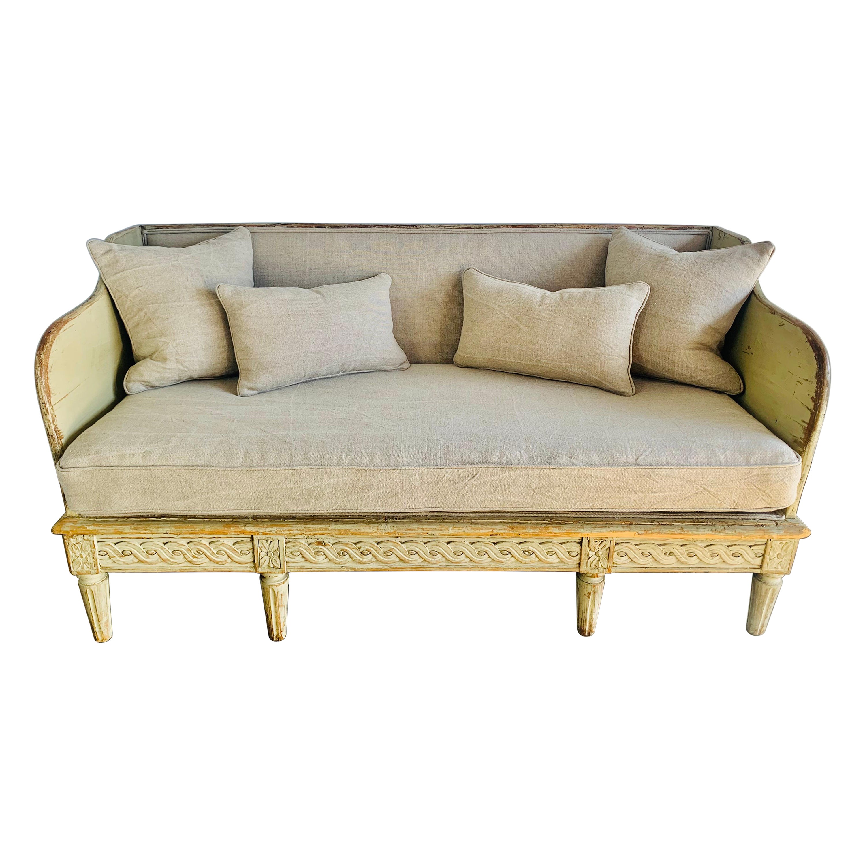 French Settee in New Linen at 1stDibs