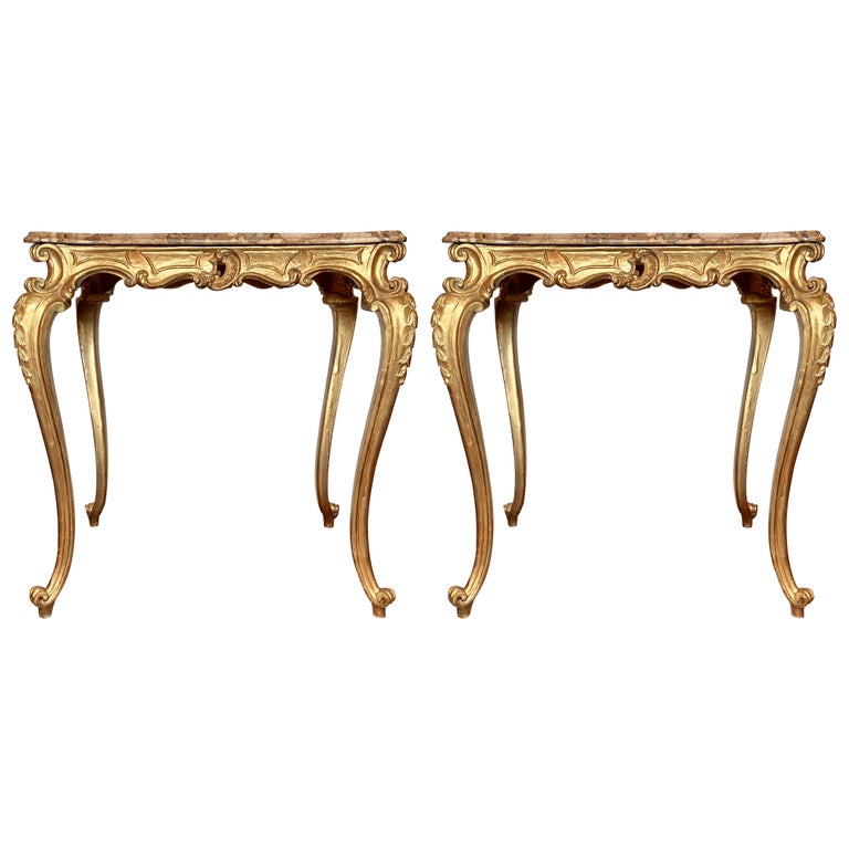 Pair Antique French Marble Top Gilt Tables, circa 1890 at 1stDibs