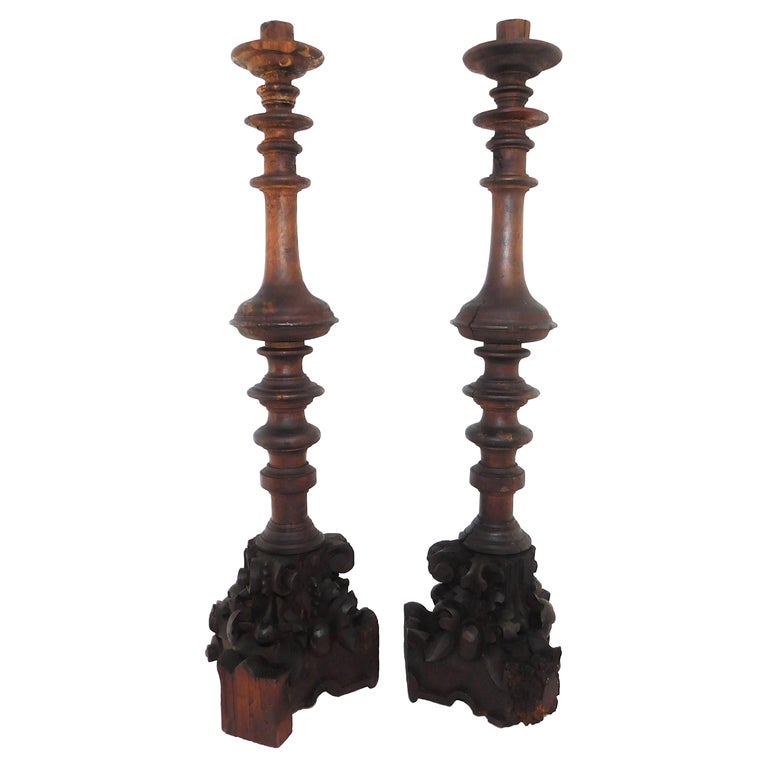 Pair of Tall Mid-19th Century Traditional Rustic Wood Candlesticks For ...