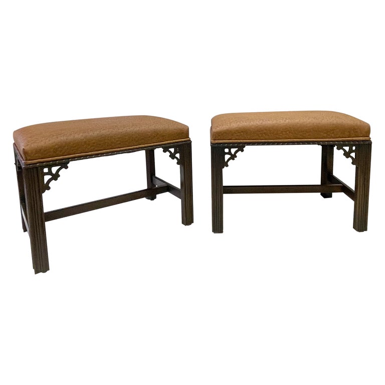 1970s Chinese Chippendale Style Ostrich Leather Ottomans Benches, Pair ...