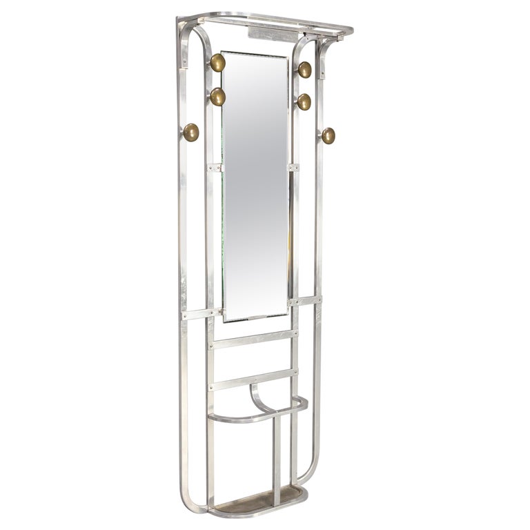 70s Aluminium Wall Mounted Coat Rack with Mirror For Sale at 1stDibs