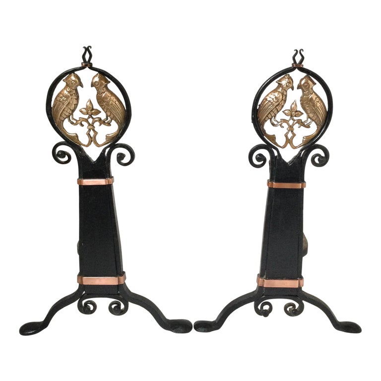 Pair of Hand Forged Iron and Brass Andirons For Sale at 1stDibs