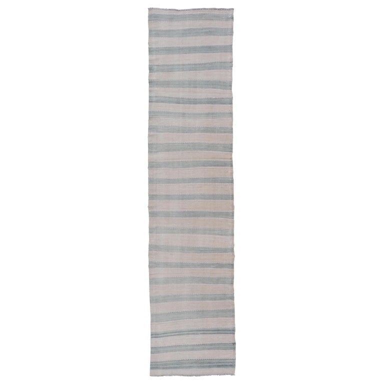 Vintage Turkish Kilim Runner with Horizontal Stripes of Light Green For ...