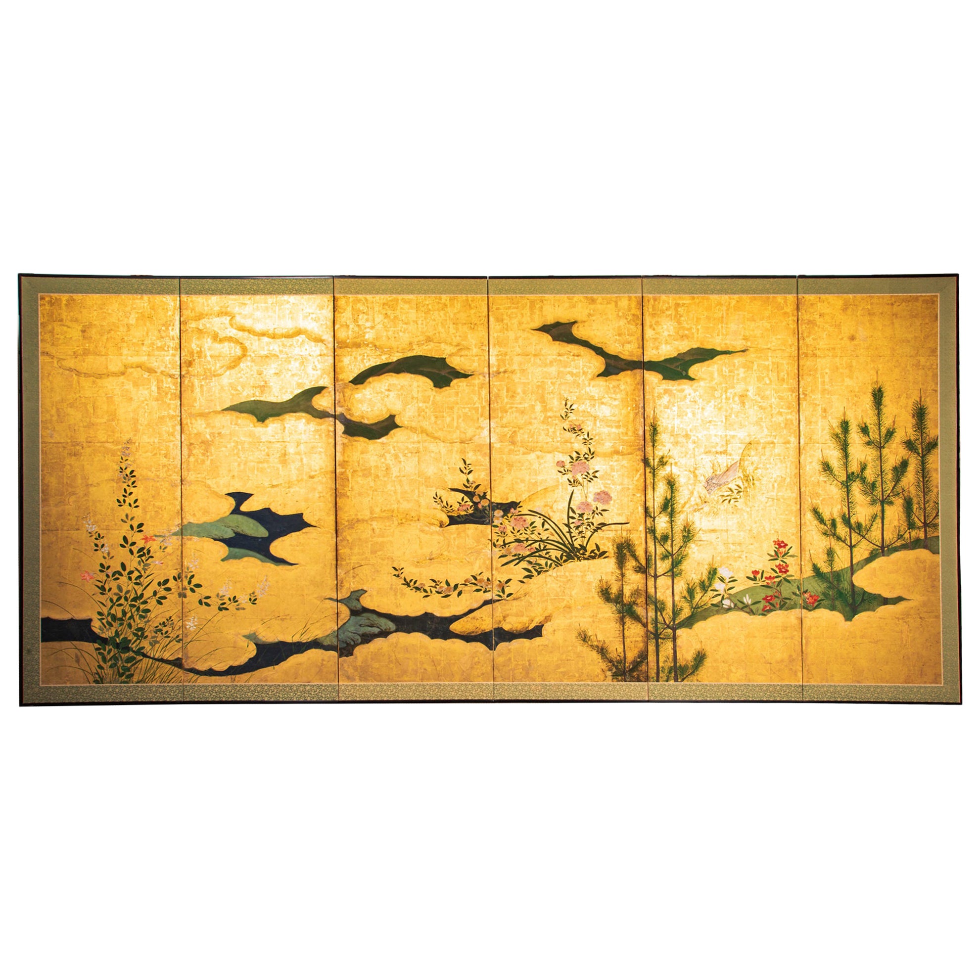 Japanese Screen Rimpa Style Garden Landscape at 1stDibs
