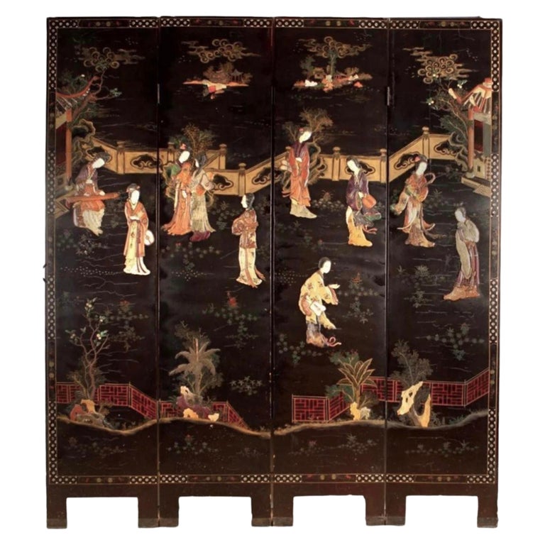 Paravent chinois ancien en laque de la pierre dure de Coromandel sur ...