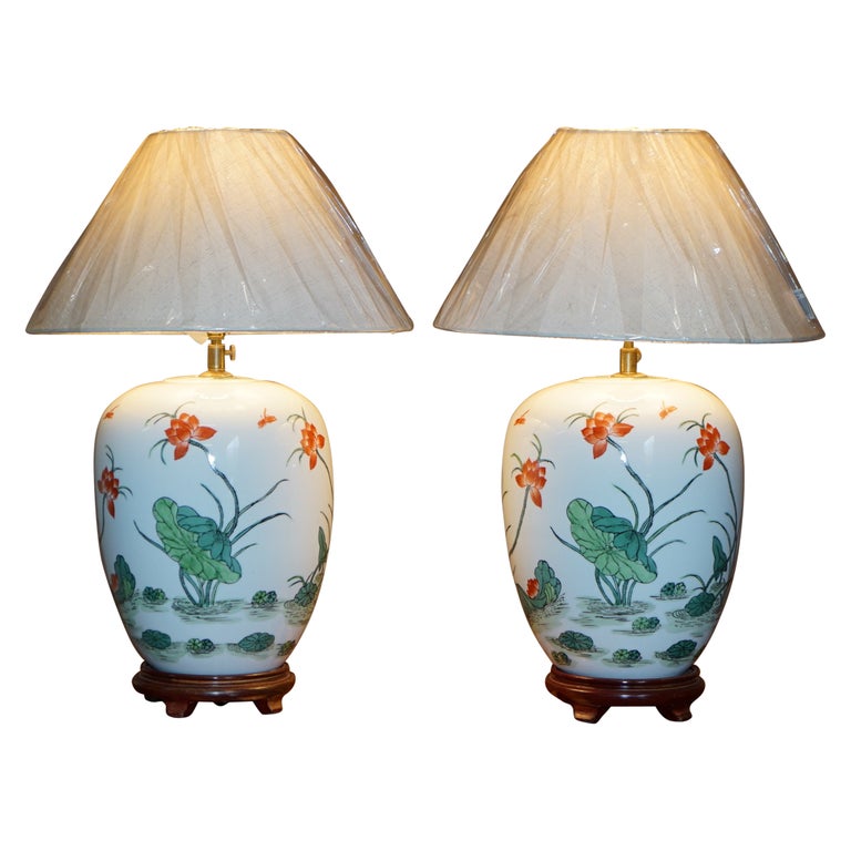 Vintage Pair of Chinese Porcelain Table Lamps Hand Painted with Flowers ...