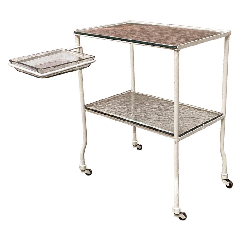 Italian Mid Century Glass and White Metal Laboratory Trolley on Wheels ...