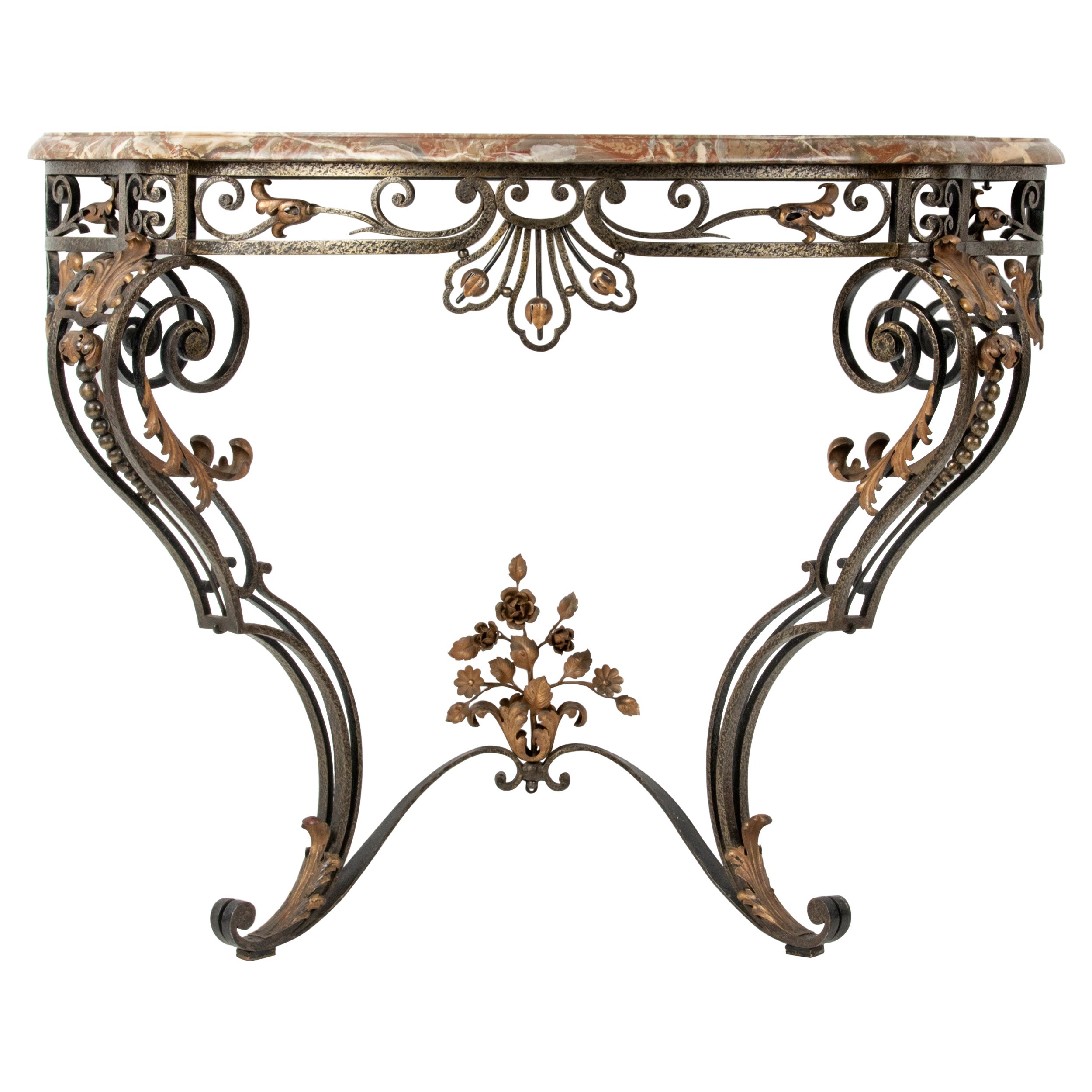 Early 20th Century Wrought Iron and Brass Console Table with Stone Top ...