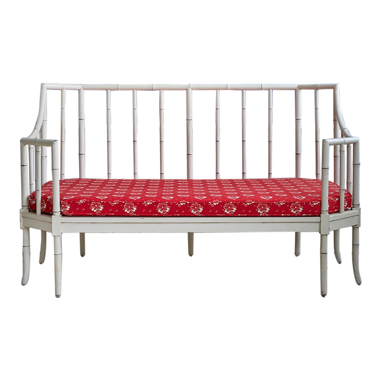 White Faux Bamboo Wood Upholstered Bench For Sale at 1stDibs