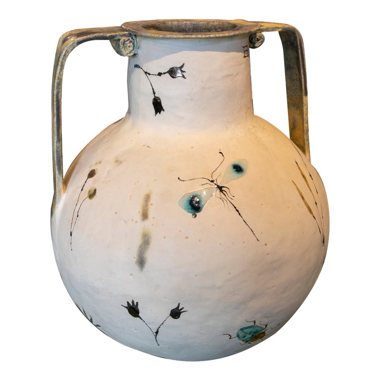 Modern Designer Spanish White Ceramic Vase w/ Hand Painted Insects and ...