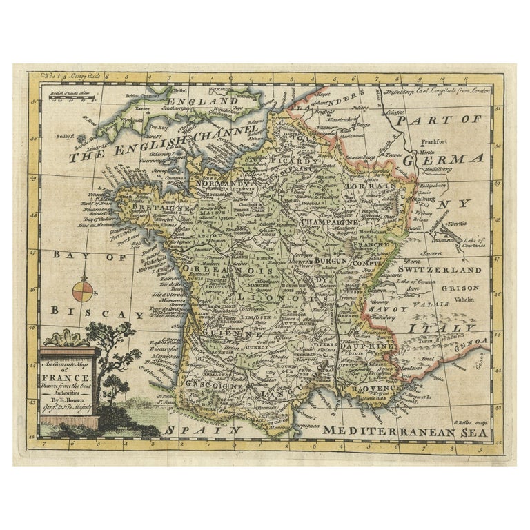 Small Detailed Antique Map of France, with Decorative Title Cartouche ...