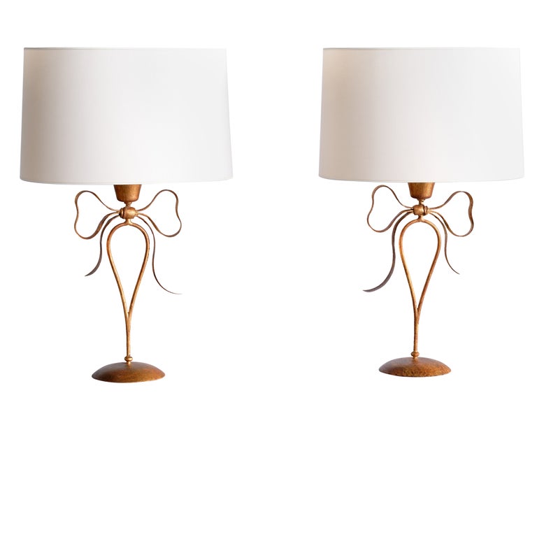Pair of Gilded Bow Shaped Table Lamps by Mingazzi Bologna, Italy, 1950s ...