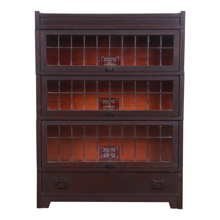 Globe Wernicke Antique Mission Oak Three-Stack Leaded Glass Barrister Bookcase at 1stDibs