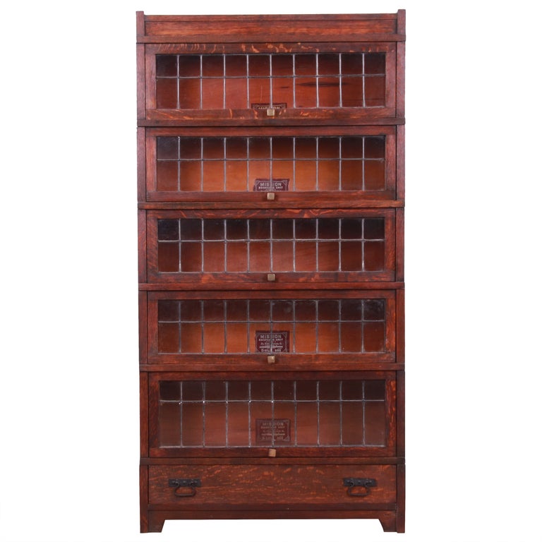 Globe Wernicke Antique Mission Oak Five-Stack Leaded Glass Barrister Bookcase at 1stDibs