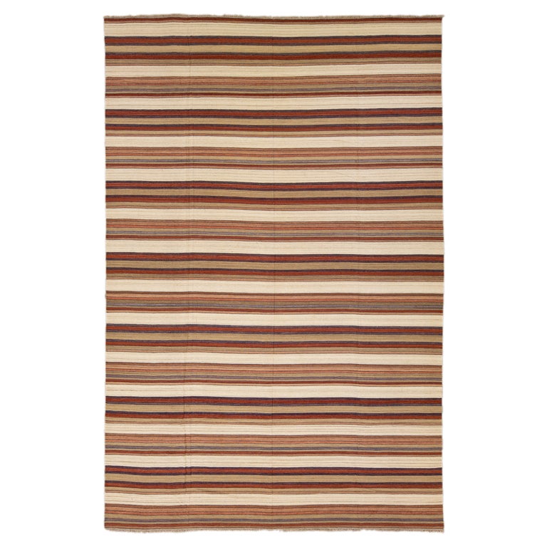 Modern Kilim Handmade Flatweave Striped Motif Beige and Tan Oversize ...