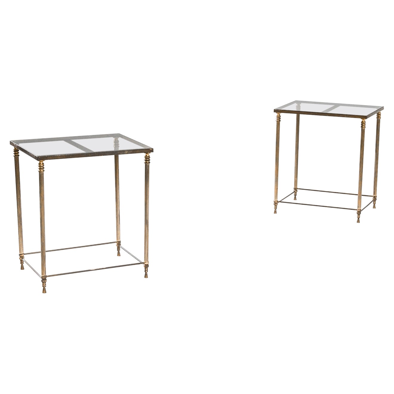 French Circular Glass and Brass Low Table with Four Wedge Nesting Under ...