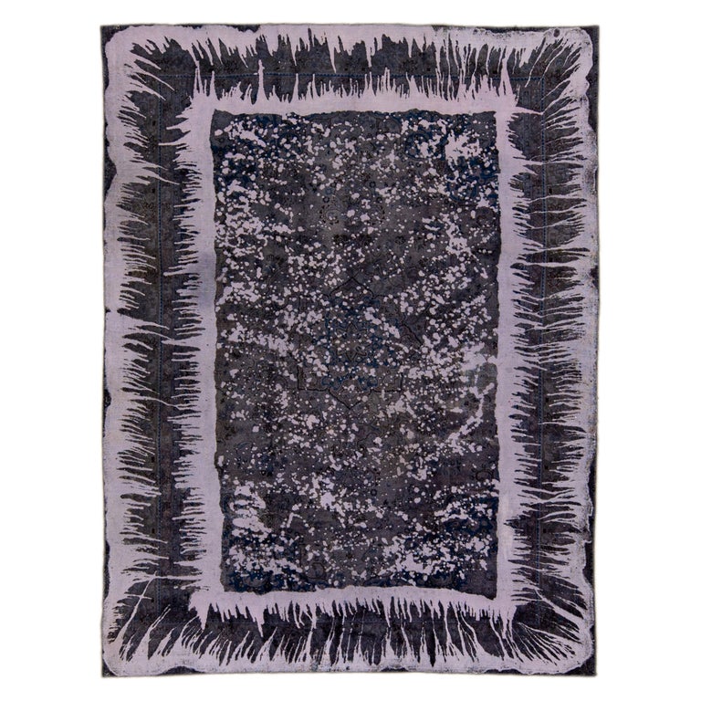 Vintage Distressed Handmade Floral Gray And Blue Wool Rug For Sale at ...