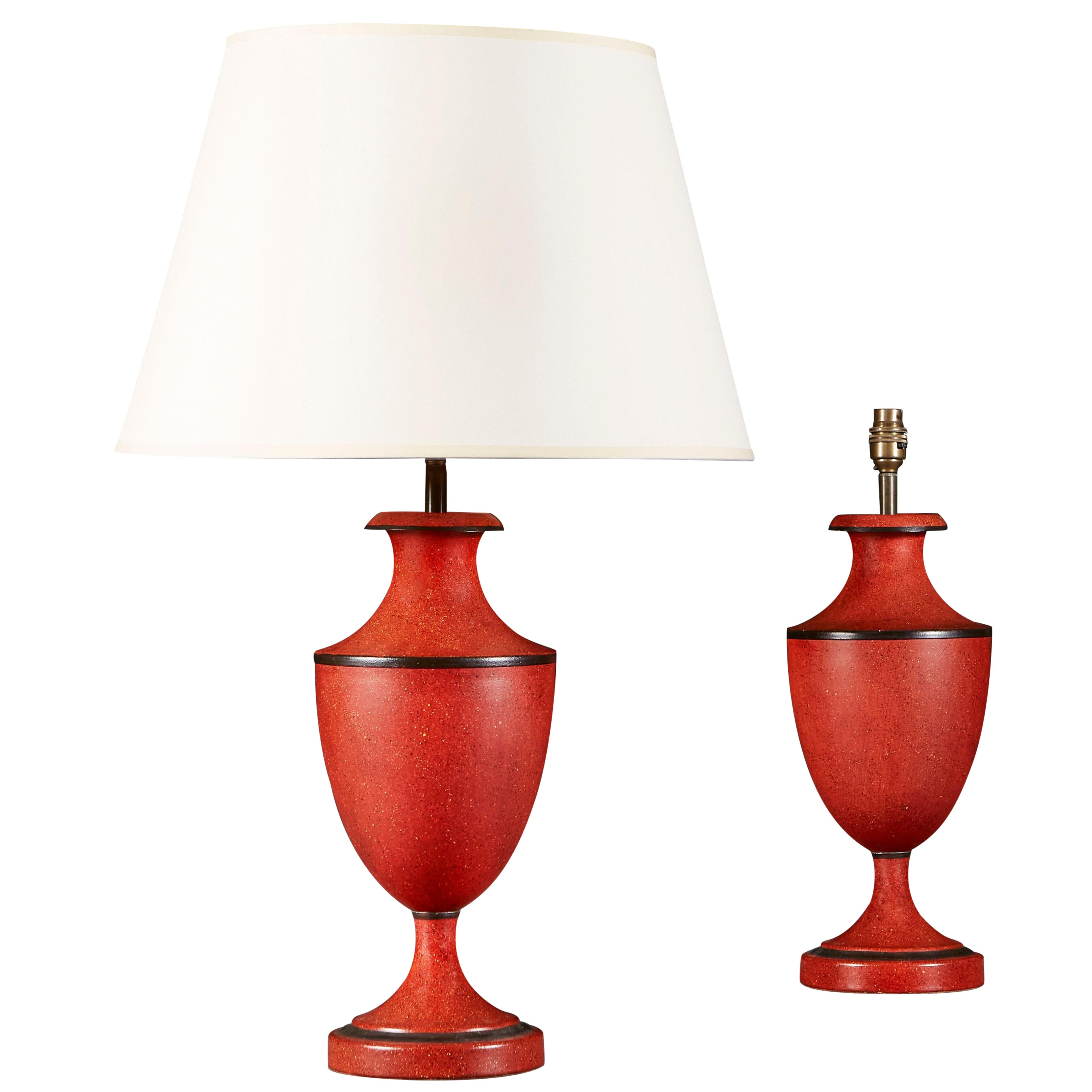 Pair of Large Empire Red Tole Lamps For Sale at 1stDibs