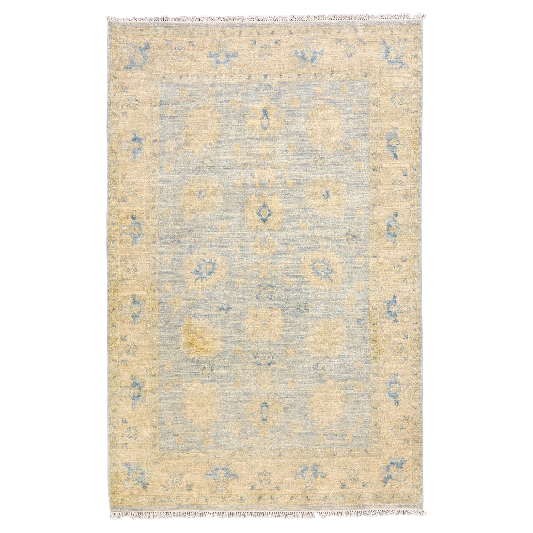 Soft Blue Floral Design Handwoven Wool Turkish Oushak Rug 6'1" x 8'11 ...