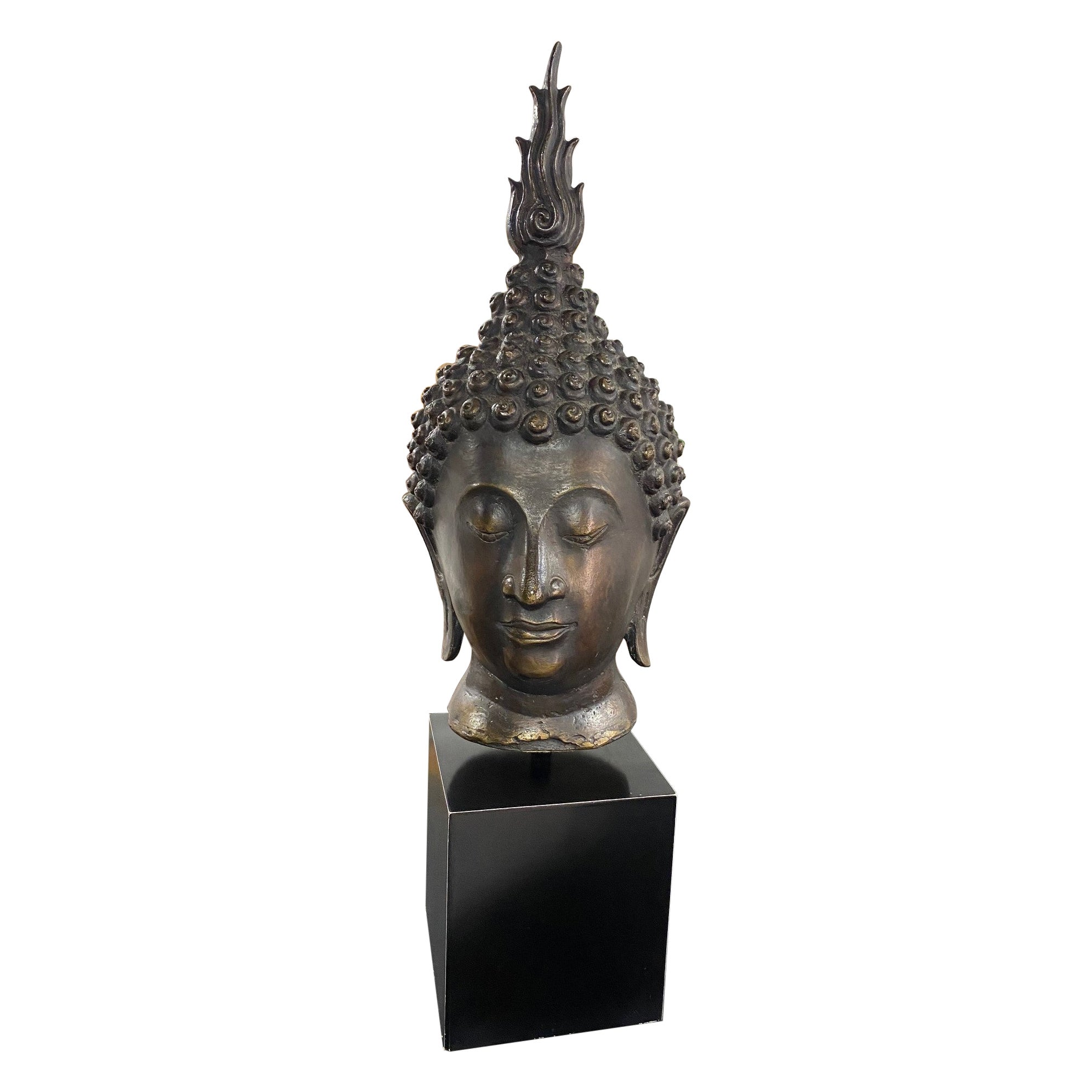Bronze Buddha Head on Display Stand at 1stDibs
