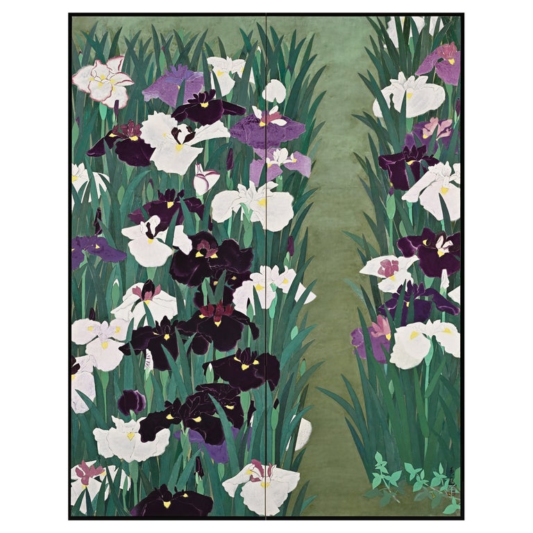 Two-panel Japanese Screen, 1954 Inten Exhibition Nihonga, June Irises ...