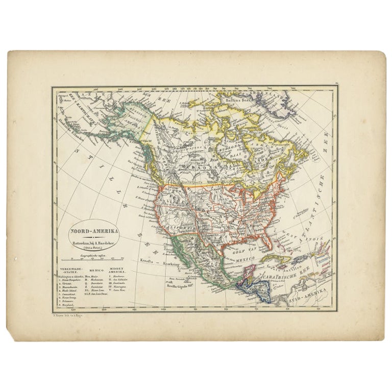 Antique Map of North America from an Old Dutch School Atlas, 1852 For ...