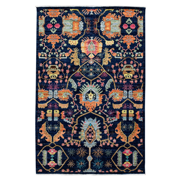 Modern Bidjar Style Handmade Multicolor Floral Designed Navy Blue Wool ...