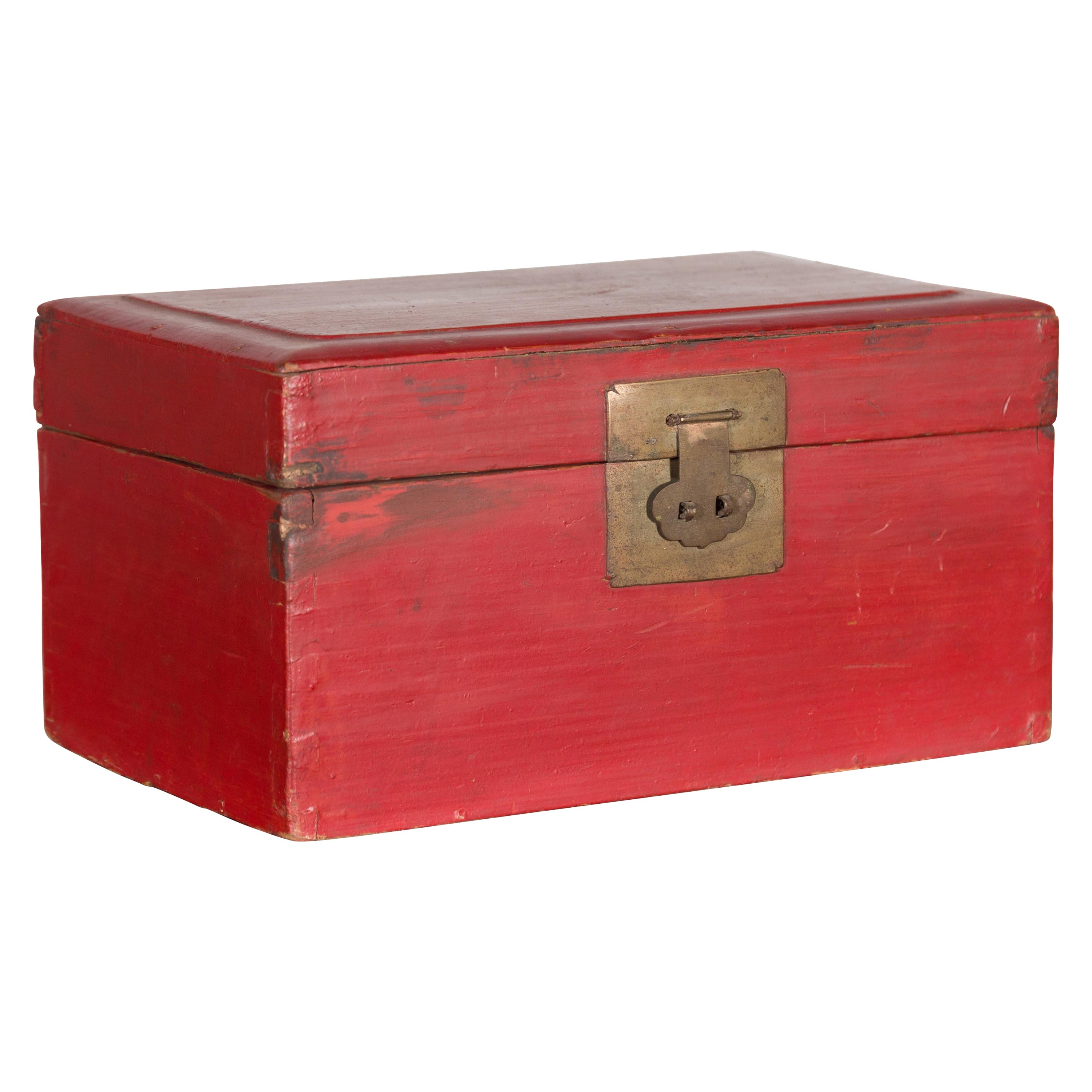 Chinese Vintage Red Lacquered Box with Golden Motifs and Bronze ...
