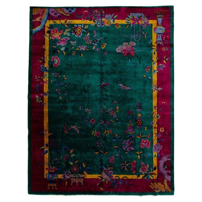Green Antique Art Deco Chinese Handmade Floral Motif Wool Rug For Sale ...